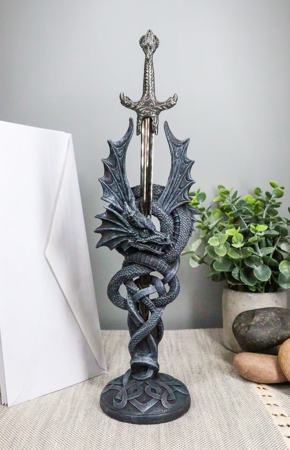 Ebros Gift Celtic Slitherin Dragon Holding Excalibur Sword Letter Open